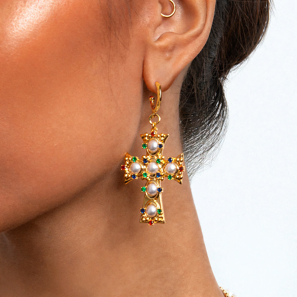 SYRUS Stainless Steel Pearl Cross Earings – Celestia